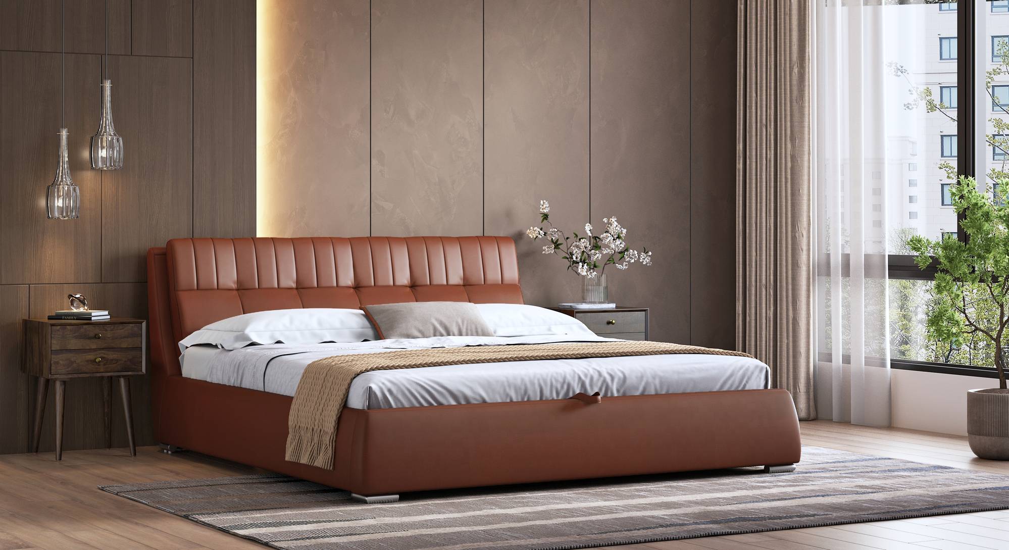 Stanhope Fabric Queen Size Bed with Hydraulic Storage Bed in Shitake ...