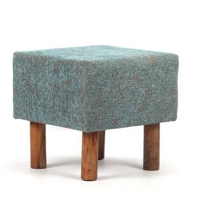 Verona Solid Wood Pouf Stool in Textured Cyan Blue Jackard fabric ...