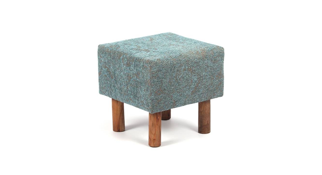 Verona Solid Wood Pouf Stool in Textured Cyan Blue Jackard fabric ...