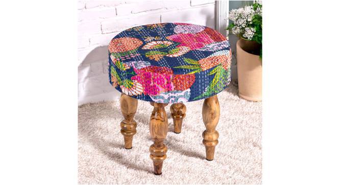 Roswell Sheesham Wood Mid Century Round Stool in Fruit Print Blue Kantha Upholstery Urban Ladder
